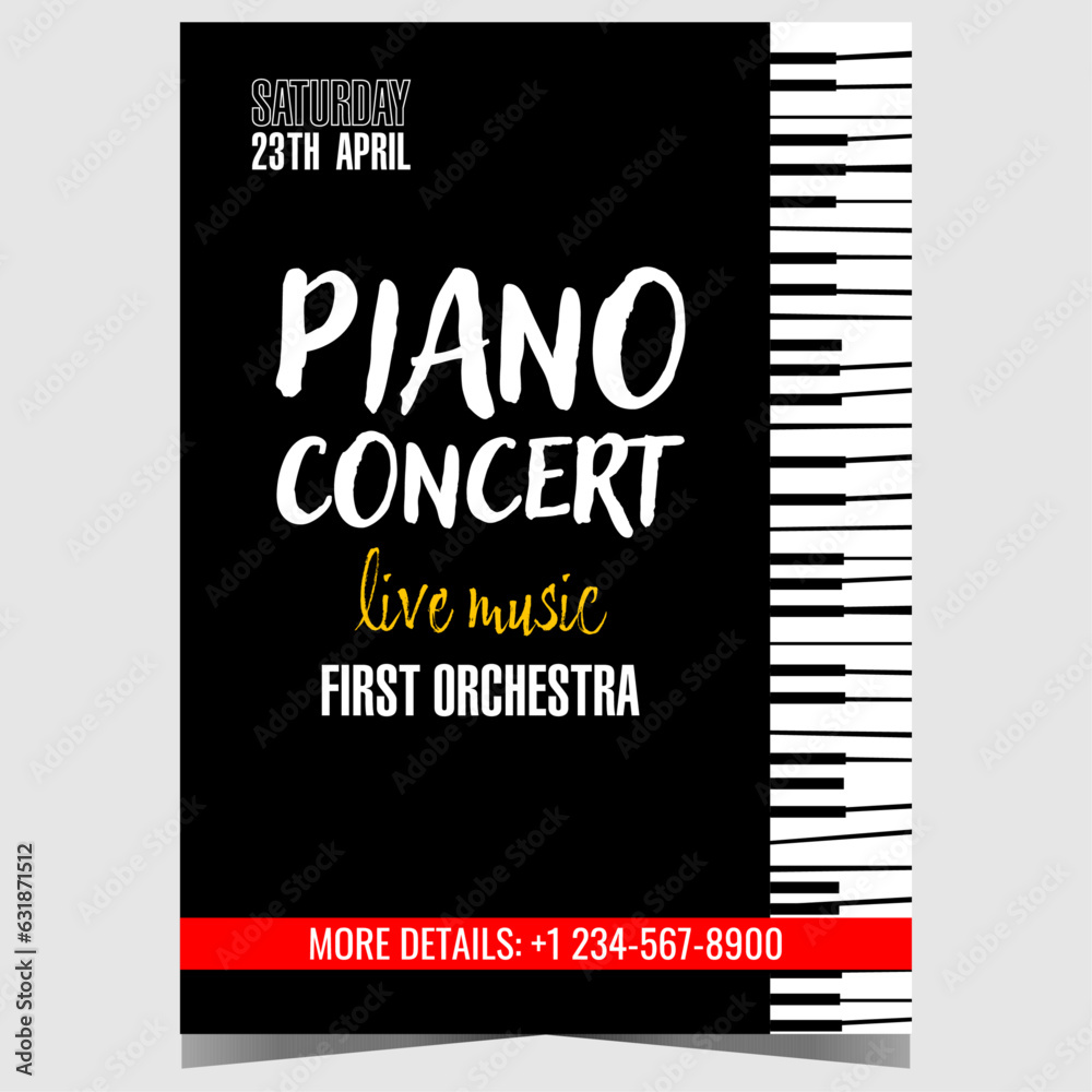 Piano concert poster design template with black and white piano keys on ...