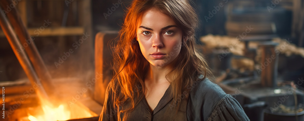 Enthralling blacksmith woman, fiery gaze, in leather apron, sideways ...
