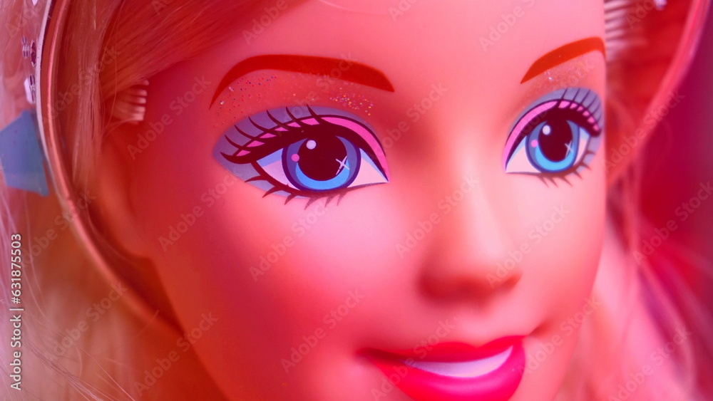 Macro view of the face and eyes of a Barbie doll with glam makeup Stock ...