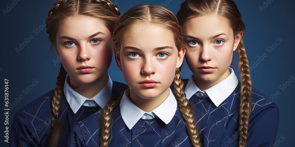 Elegant trio of uniformed girls with braided hair and captivating blue ...