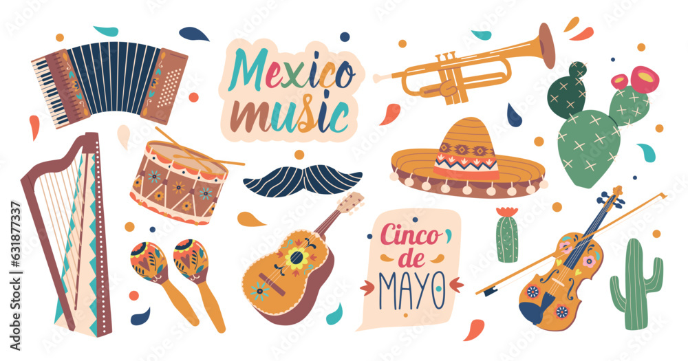 Set Of Mexican Musical Instruments. Maracas, Guitarron, Accordion, And ...