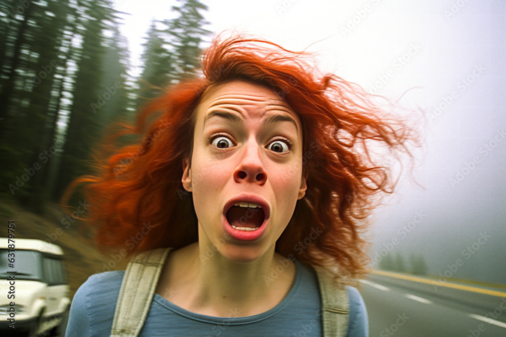Dramatic view of a fiery young woman in midst of an adventurous road ...