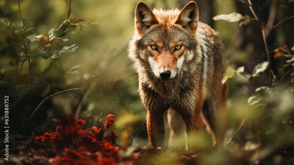 Red wolf(Canis rufus) in nature in the forest is a rare animal. Save ...