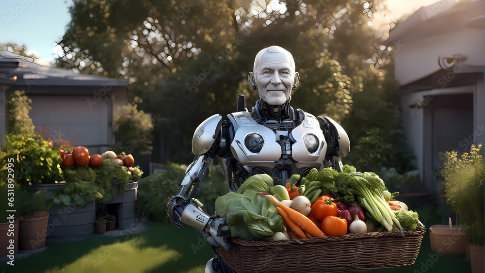 Cyborg bei der Ernte. künstliche Intelligenz - Roboter mit menschlichem ...