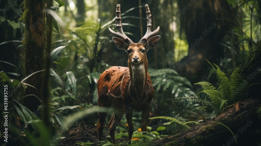 Asian unicorn or saola in nature in the forest Photo. Asian unicorn is ...