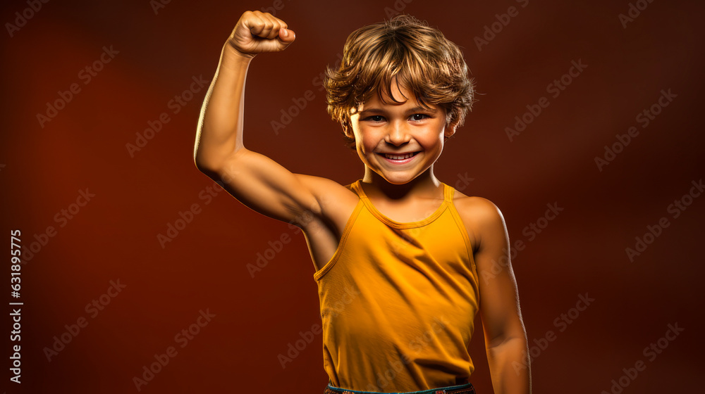 Triumphant young boy showcasing muscles on small podium, embodying ...