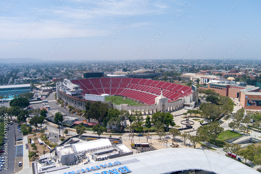 aerial shot of the Los Angeles Memorial Coliseum at Exposition Park ...