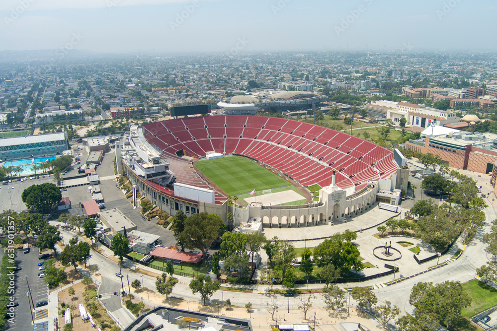 aerial shot of the Los Angeles Memorial Coliseum at Exposition Park ...