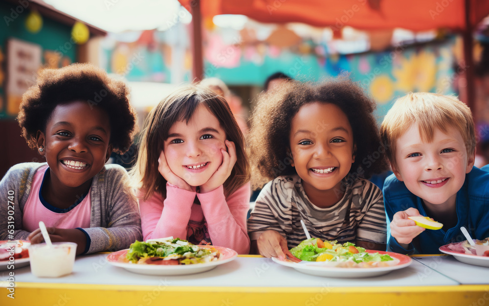 Happy and joyful children eating healthy food in the schoolyard. Back ...
