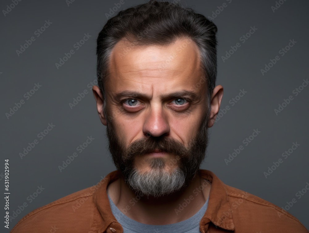 Serious mature man front mugshot on gray background Stock Photo | Adobe ...