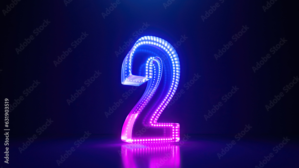 3d rendering, pink blue neon number two, isolated on dark blue ...