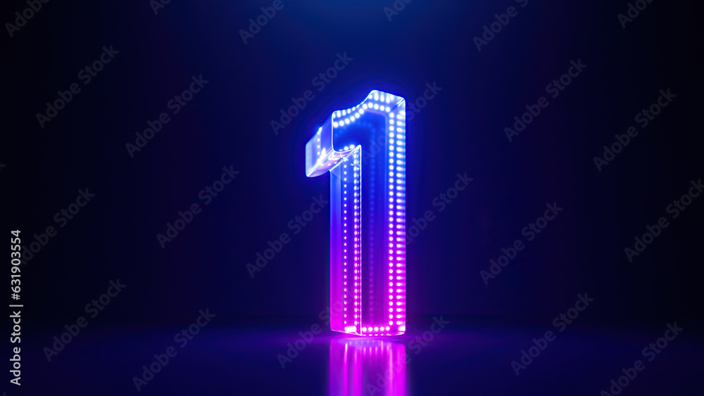 3d rendering, pink blue neon number one, isolated on dark blue ...