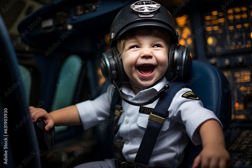Cheerful child dressed as an airplane pilot in the cockpit of an ...