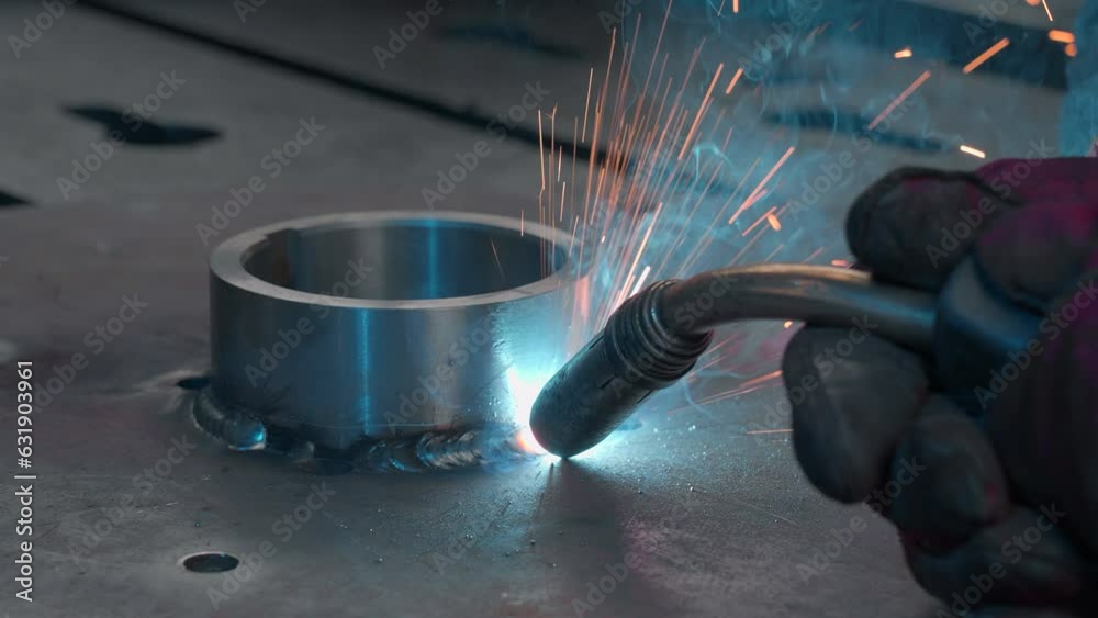 Close-up welding with sparks and metal ring. Creative. Welder welds ...