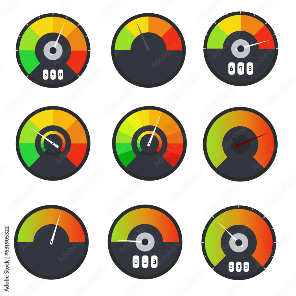 Speedometer, gauge meter icons. Customer satisfaction indicators with ...