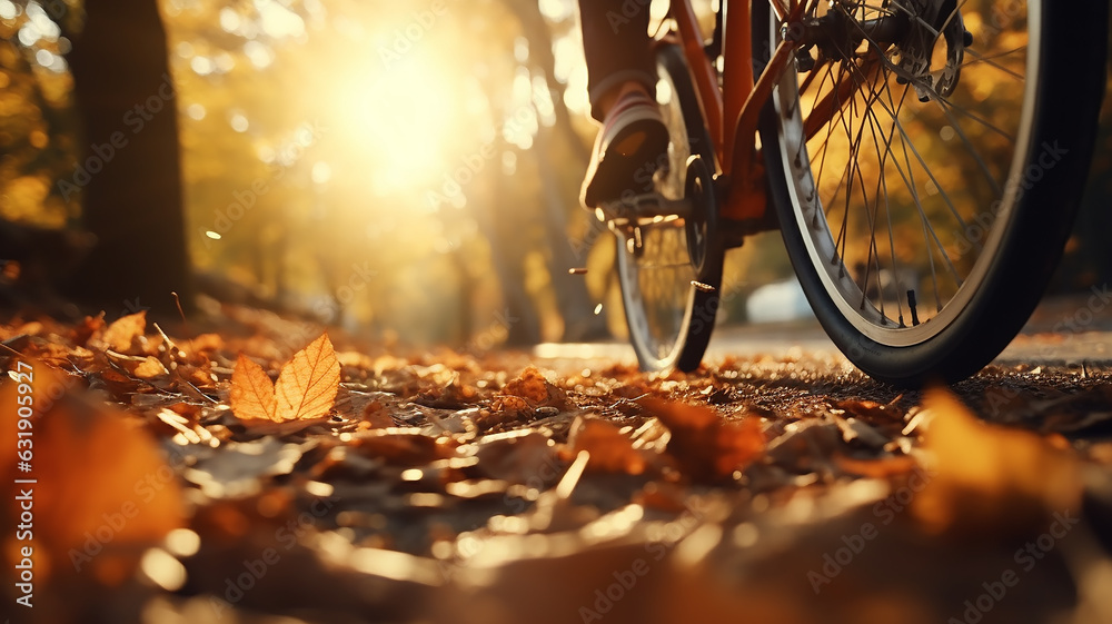 bicycle in motion autumn background wheels leaves flying in autumn park ...