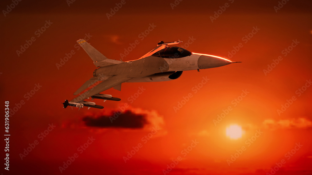 Military aircraft in flight equipped with missiles, combat set-up. F-16 ...