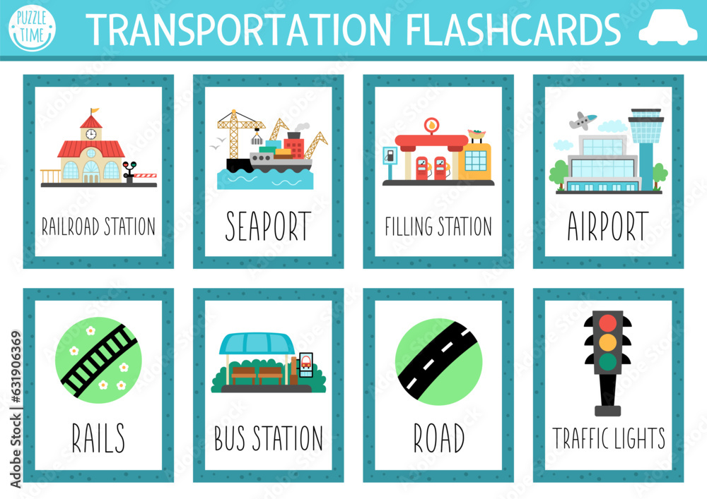 Vector transportation flash cards set with railroad station, seaport ...