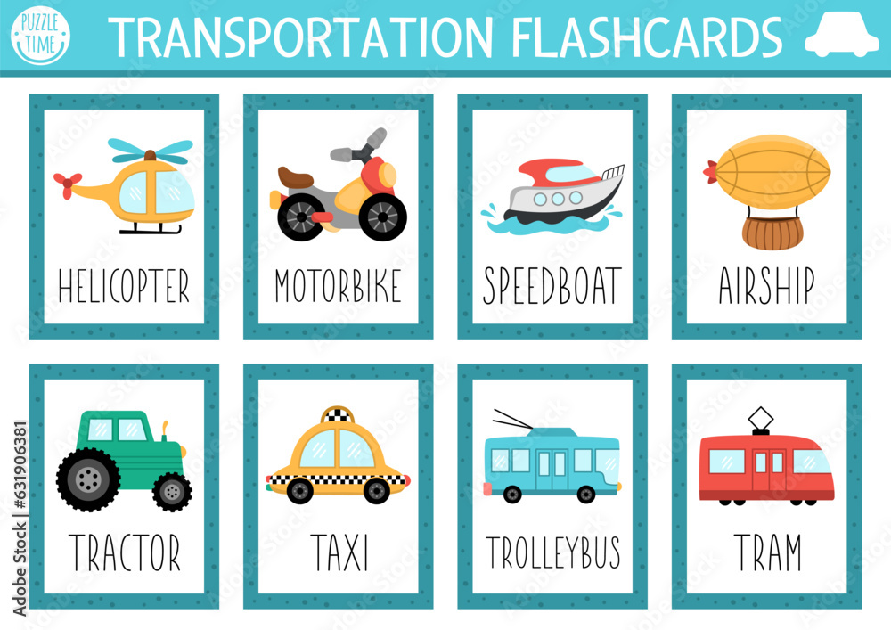 Vector transportation flash cards set with car, speedboat, helicopter ...