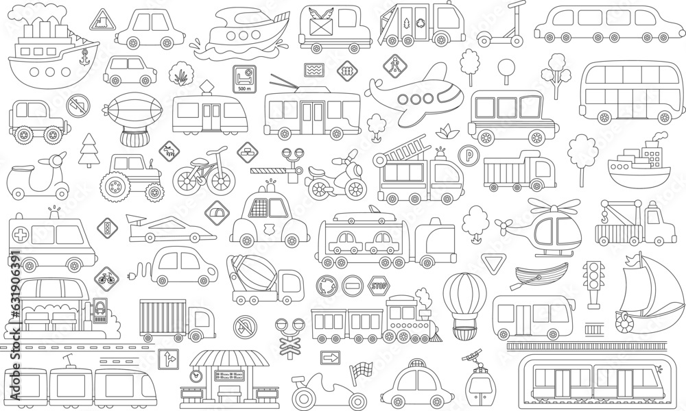 Vector black and white transportation set. Funny line water, land, air ...