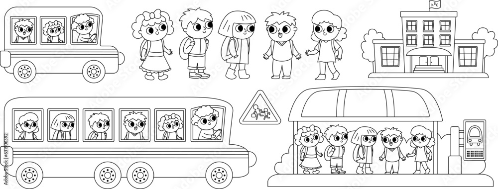 Vector black and white transportation set with children. Funny line ...