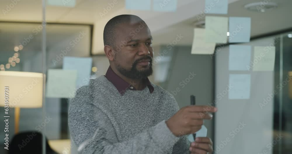 Brainstorming, fail and business on glass board with mistake, problem solving and thinking of ...