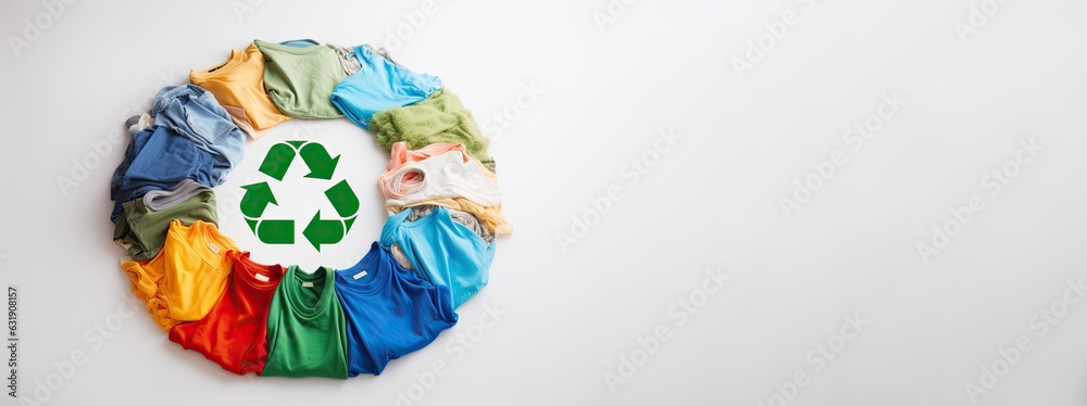 Banner of recycling symbol with clothes on white background with copy ...