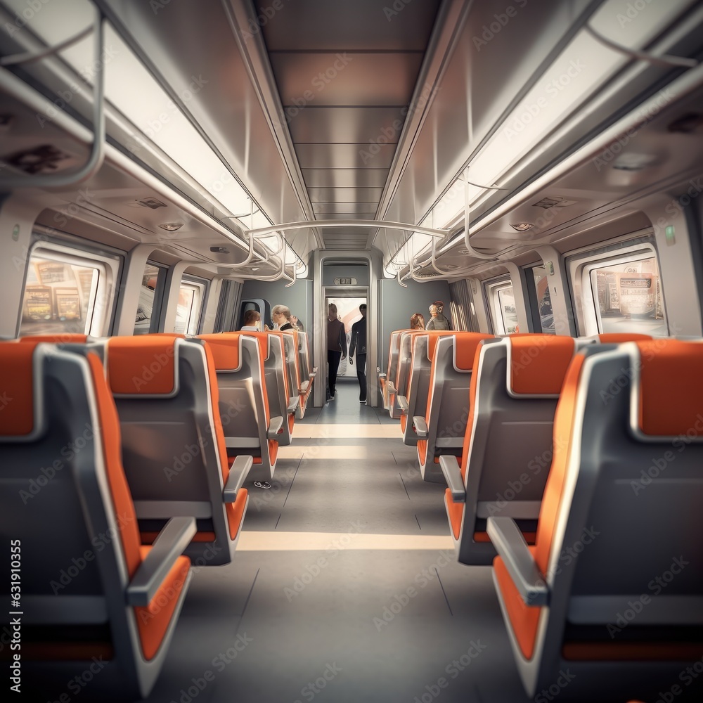 Empty cabin of a modern passenger train. Empty blue seats inside train ...
