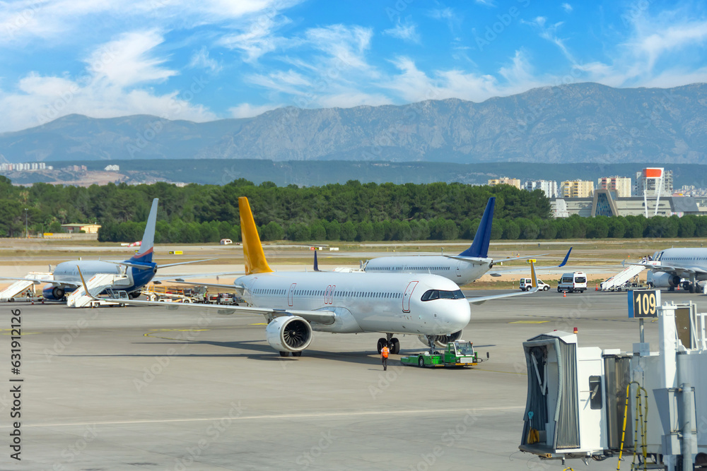 View of the airport aprob air field platform, plane rolls out the tow ...
