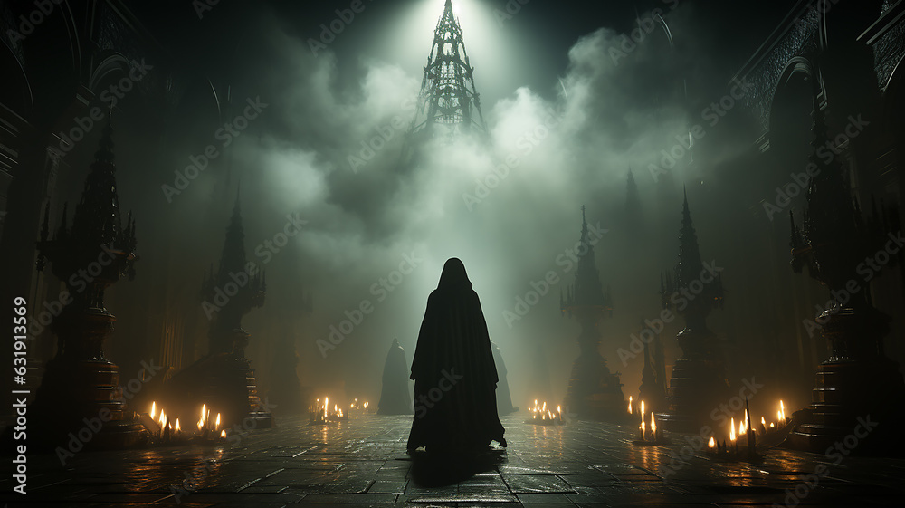 Dark person view from the back in the throne room horror, lord of evil ...