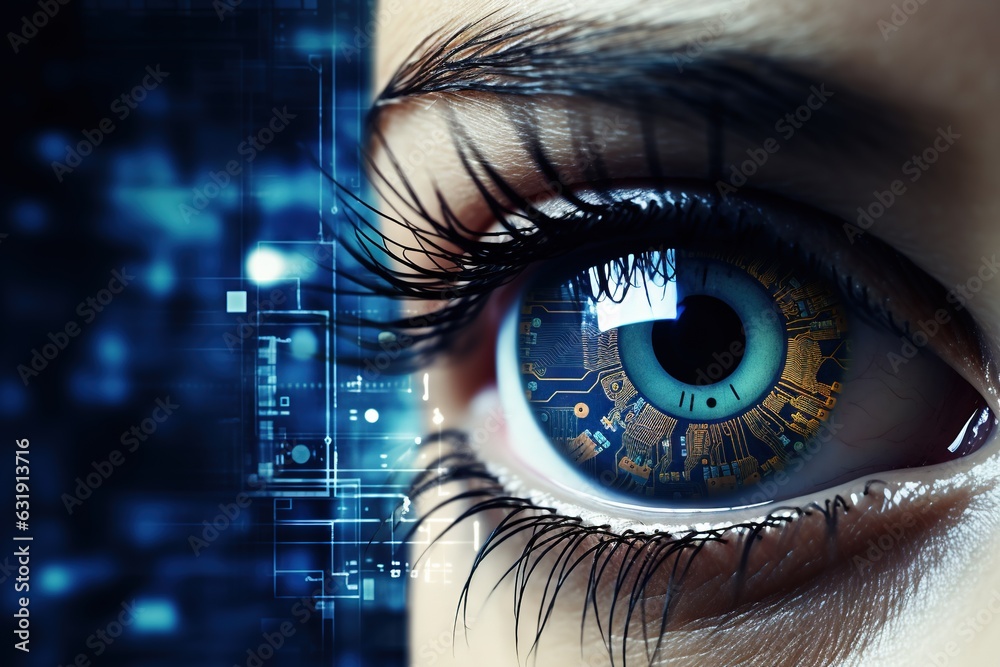Futuristic female human eye with graphical technology overlay, blue sci ...