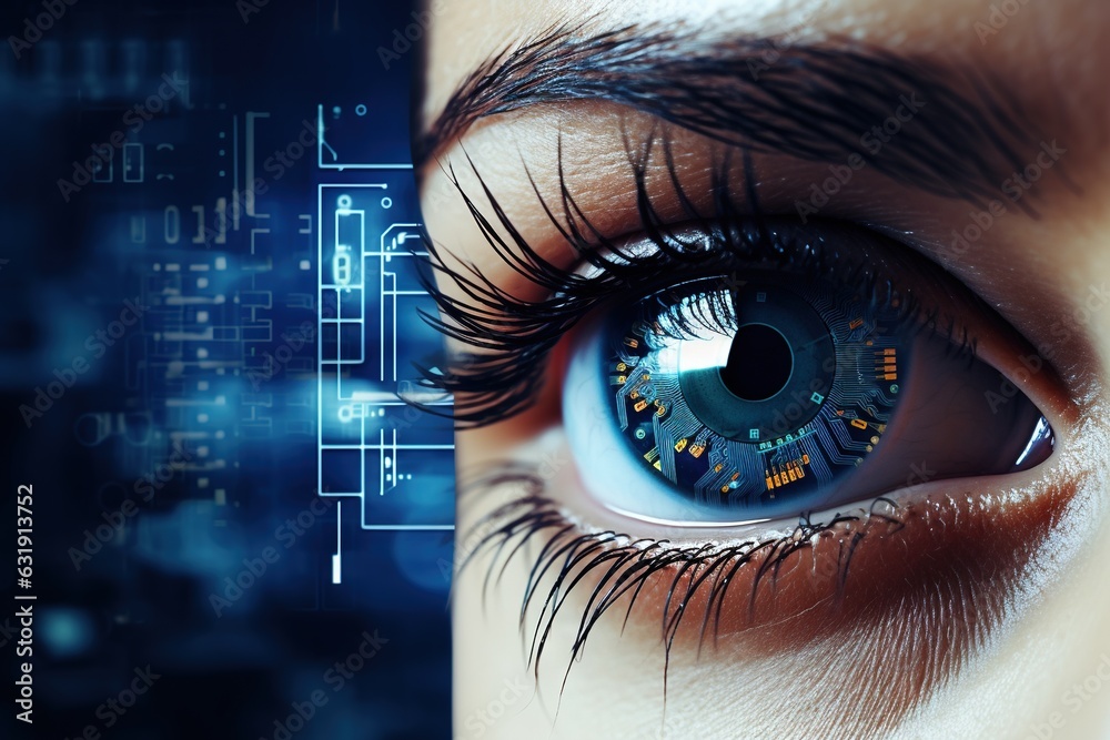 Futuristic female human eye with graphical technology overlay, blue sci ...