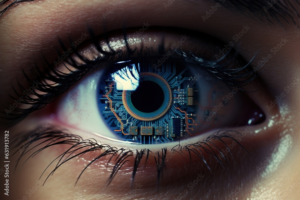Futuristic female human eye with graphical technology overlay, blue sci ...