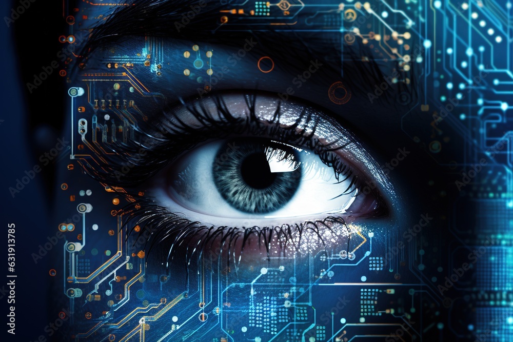 Futuristic female human eye with graphical technology overlay, blue sci ...