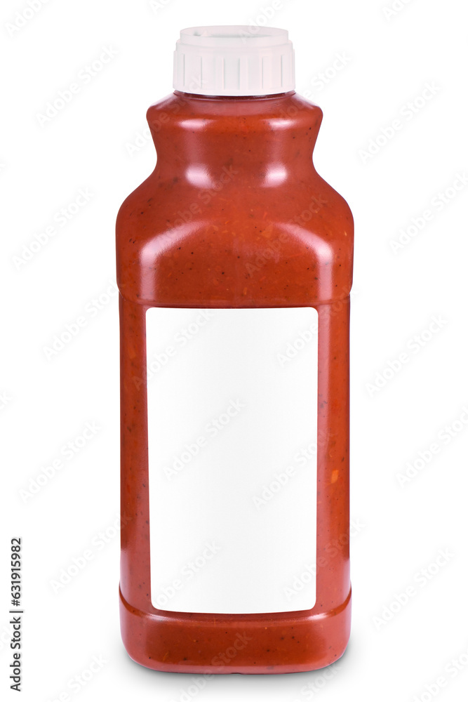 Bottle of red sauce with blank label isolated on a white background ...