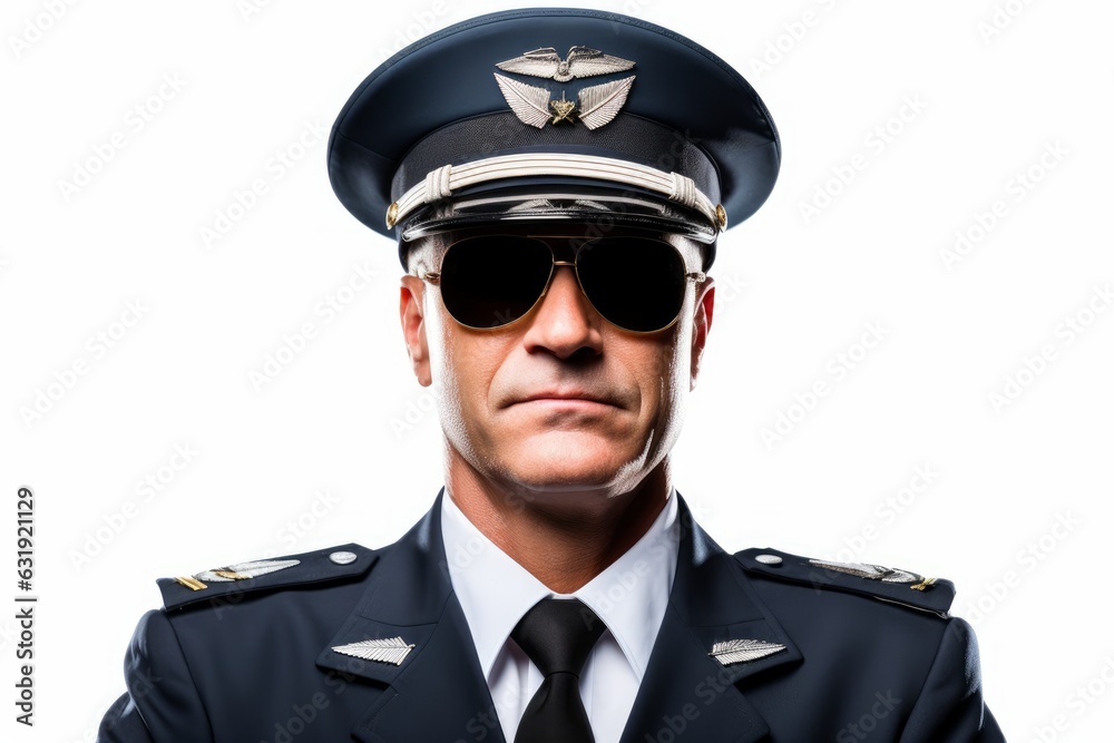 a closeup photo of a mature american aircraft plane pilot with uniform ...
