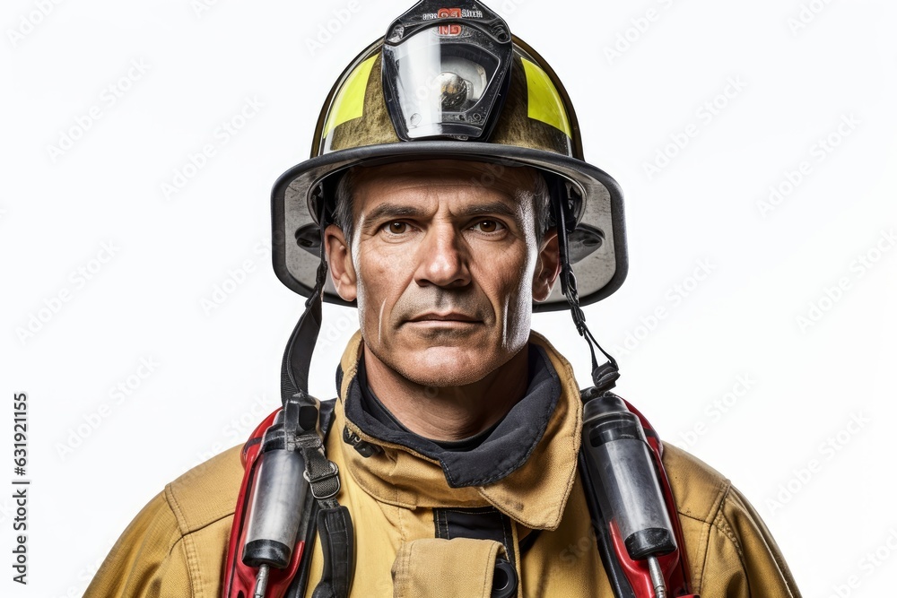 a closeup photo portrait of a male firefighter with Bunker gear uniform ...