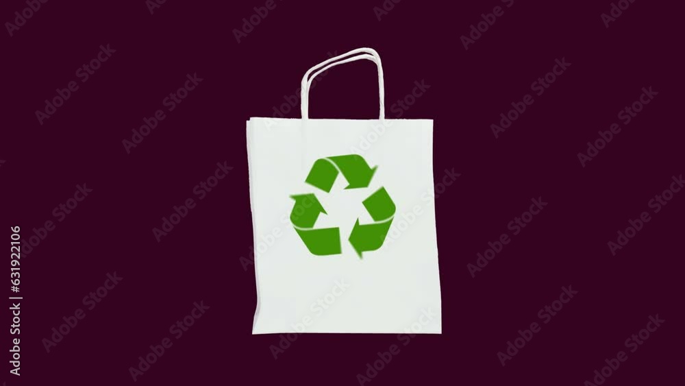 Shopping bag falls down, recycle logo appears and starts spinning ...