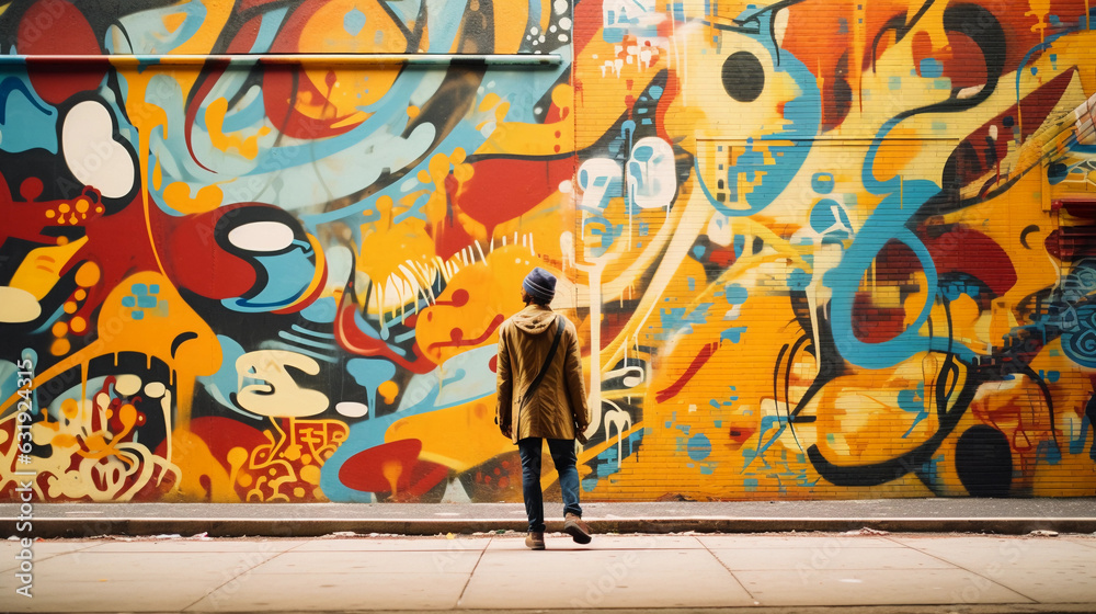 Abstract mural of a streetwear enthusiast walking downtown, colorful ...