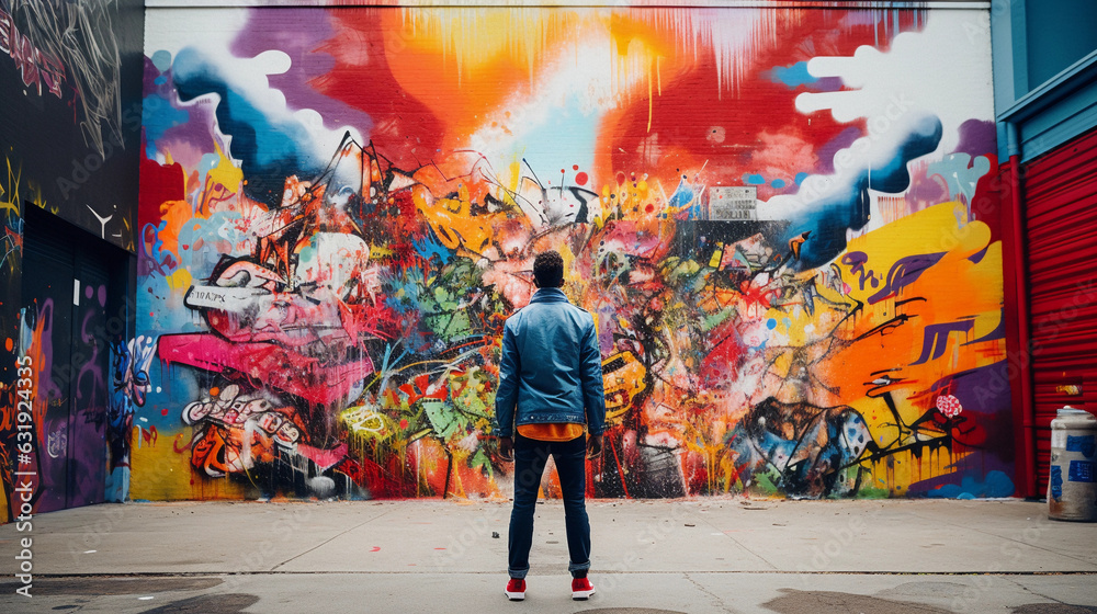 Abstract mural of a streetwear enthusiast walking downtown, colorful ...