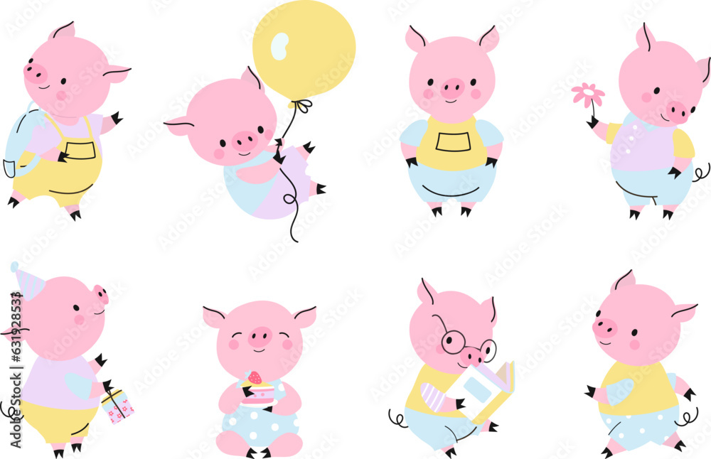 Cartoon pigs, funny hog characters in different poses. Happy pig ...