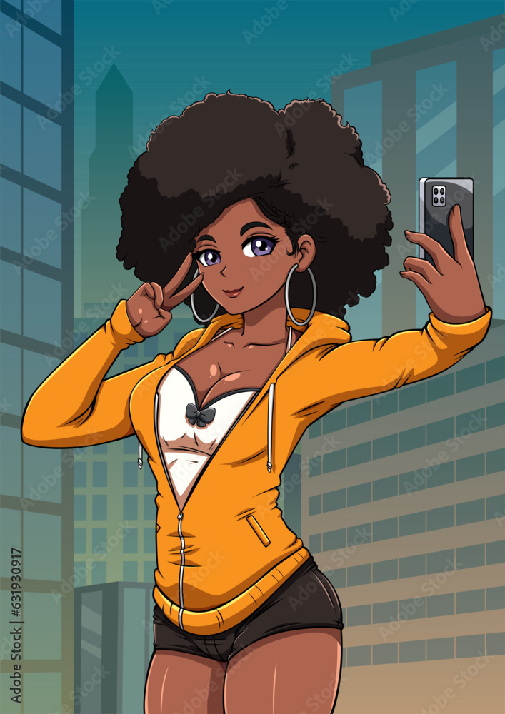 Black Anime Girl Taking Selfie Stock Vector Adobe Stock