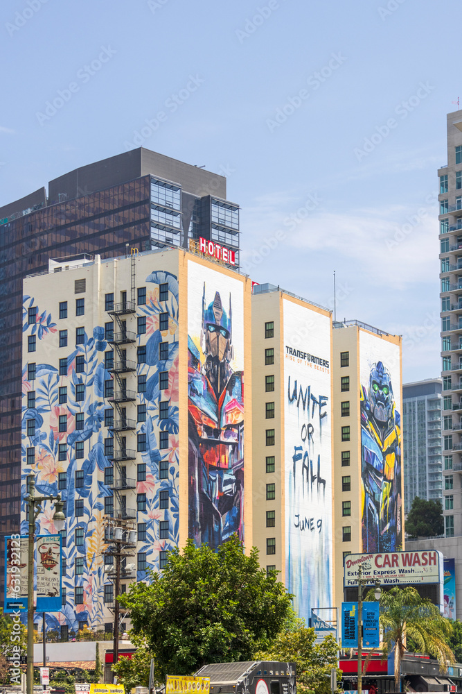 The Hotel Figueroa painted with a Transformers movie wall mural with a ...