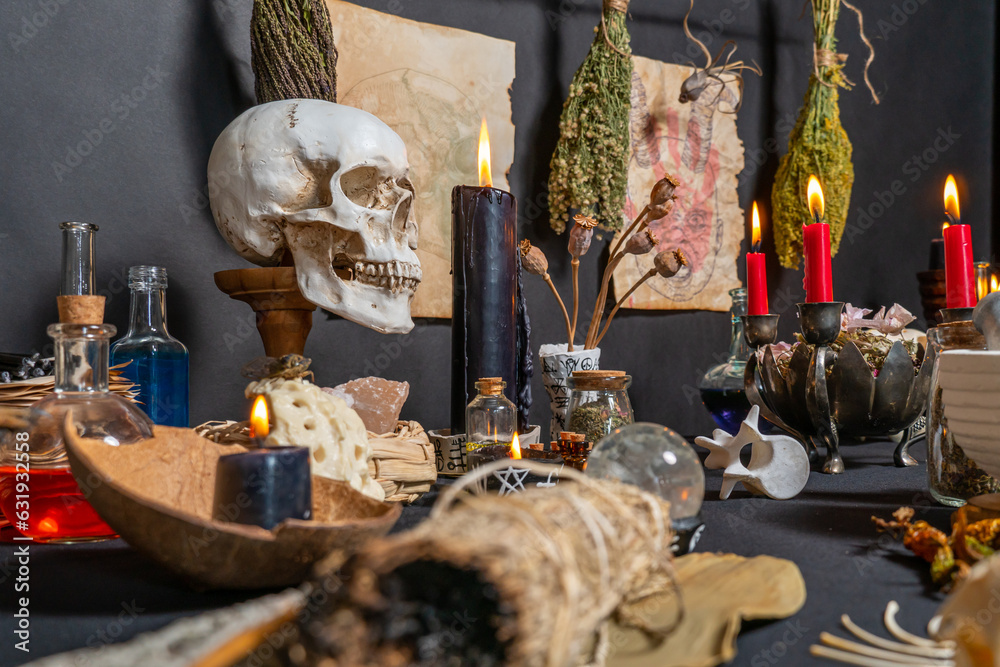 Witch's ceremony with ritual magic items. Magic symbols and tools ...