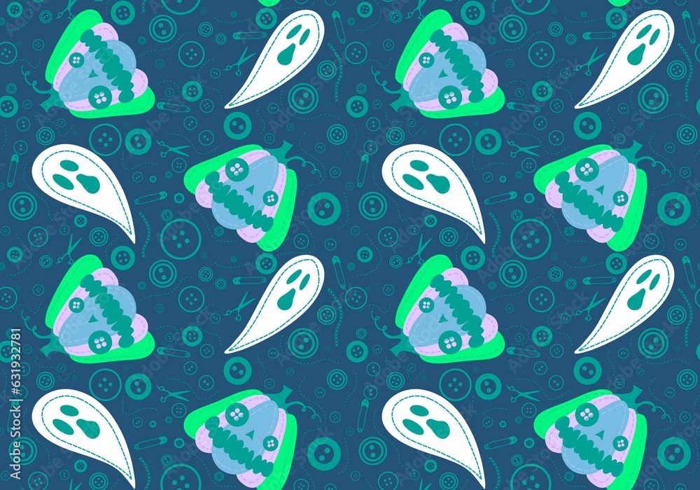 Halloween sewing monsters seamless pumpkins and ghost and buttons and ...