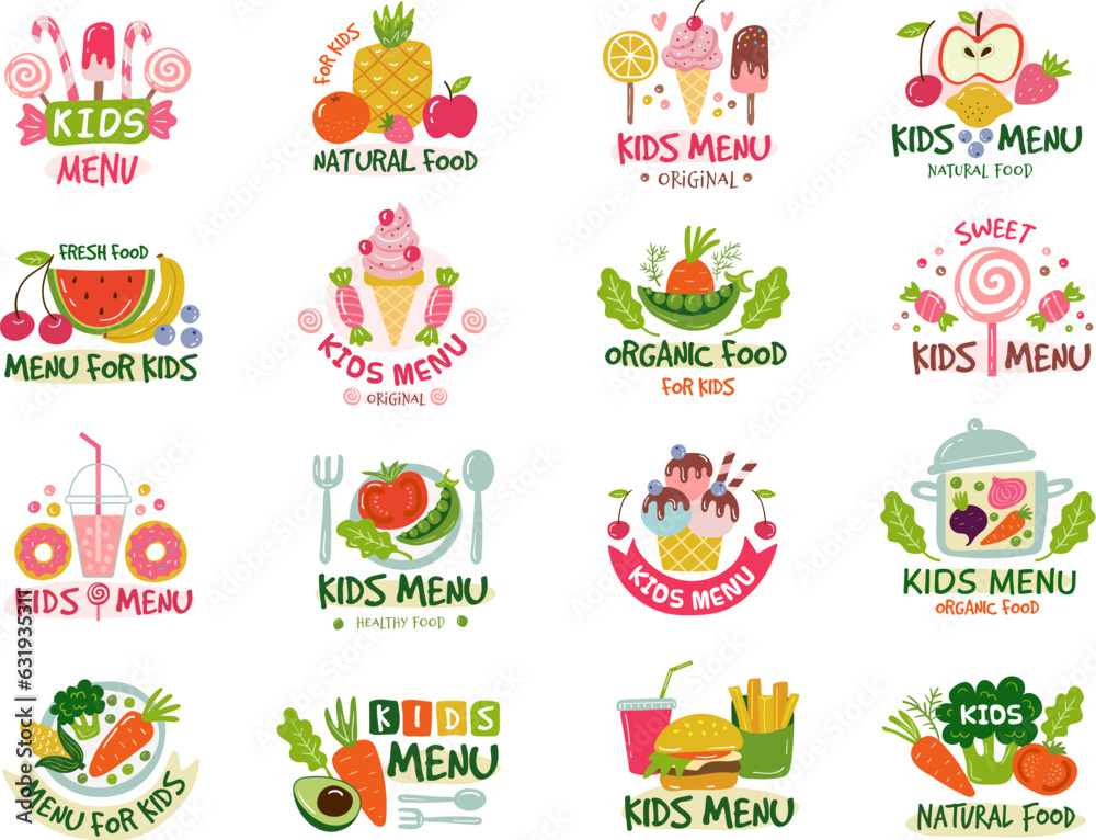 Kids menu logo. Emblem for kids restaurants with colored text and ...