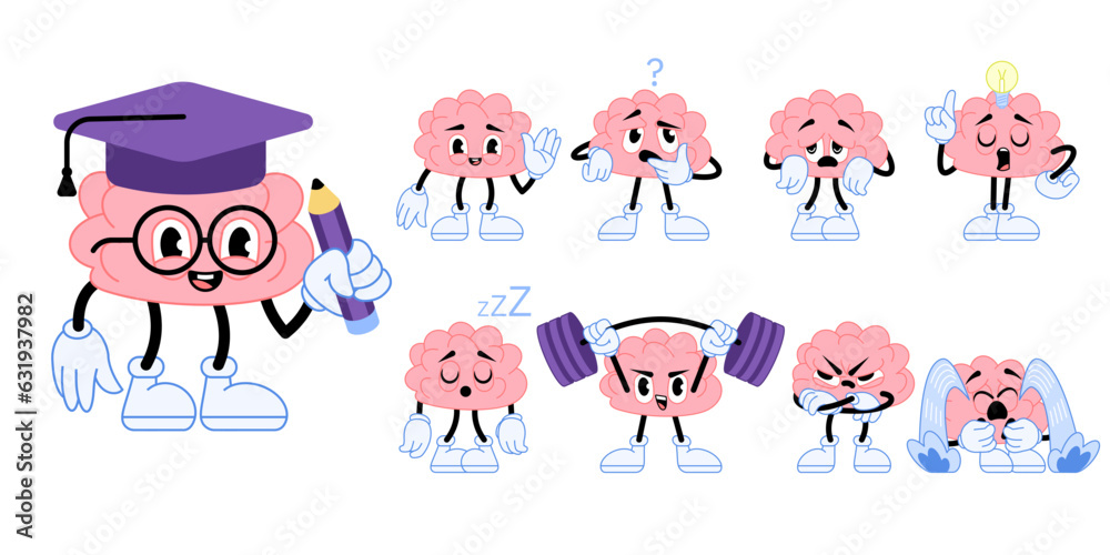 Funny retro cartoon comic pink human brain character sticker drawing on ...