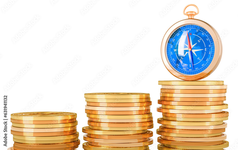 Compass with stacks of growing gold coins. 3D rendering isolated on ...