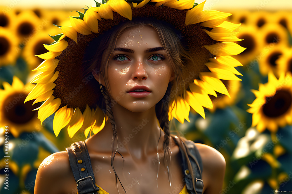 beautiful girl being rained on in a field of very detailed sunflowers ...