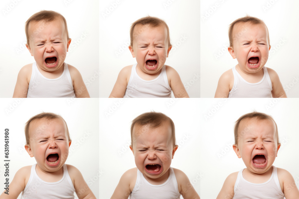 Set of Closeup photo of a cute little baby boy child crying and ...